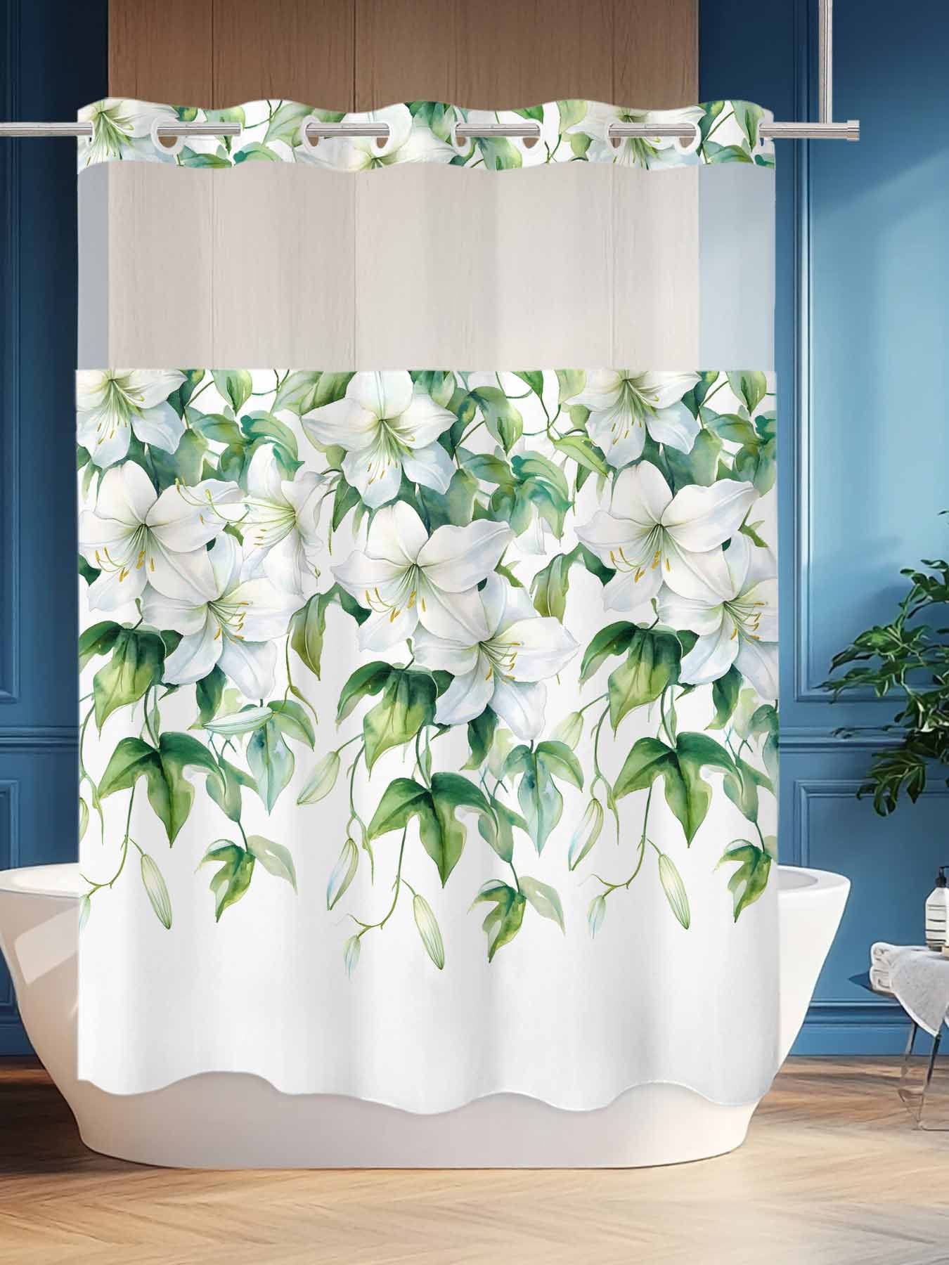 No Hook Shower Curtain Set with Snap in Liner, Spring Floral Green ...