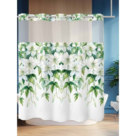 No Hook Shower Curtain Set with Snap in Liner, Spring Floral Green ...