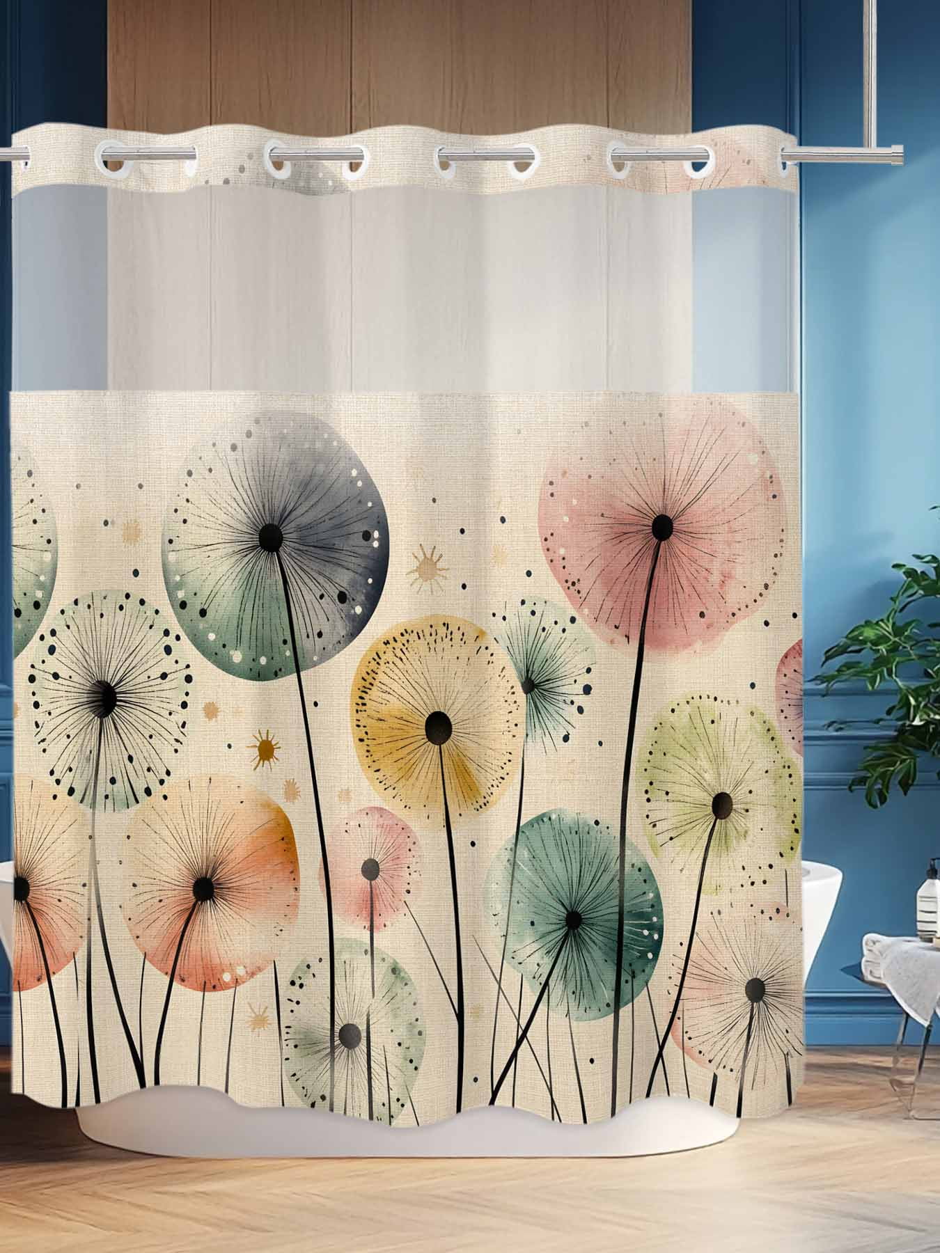 No Hook Shower Curtain Set with Snap in Liner, Spring Floral Watercolor ...