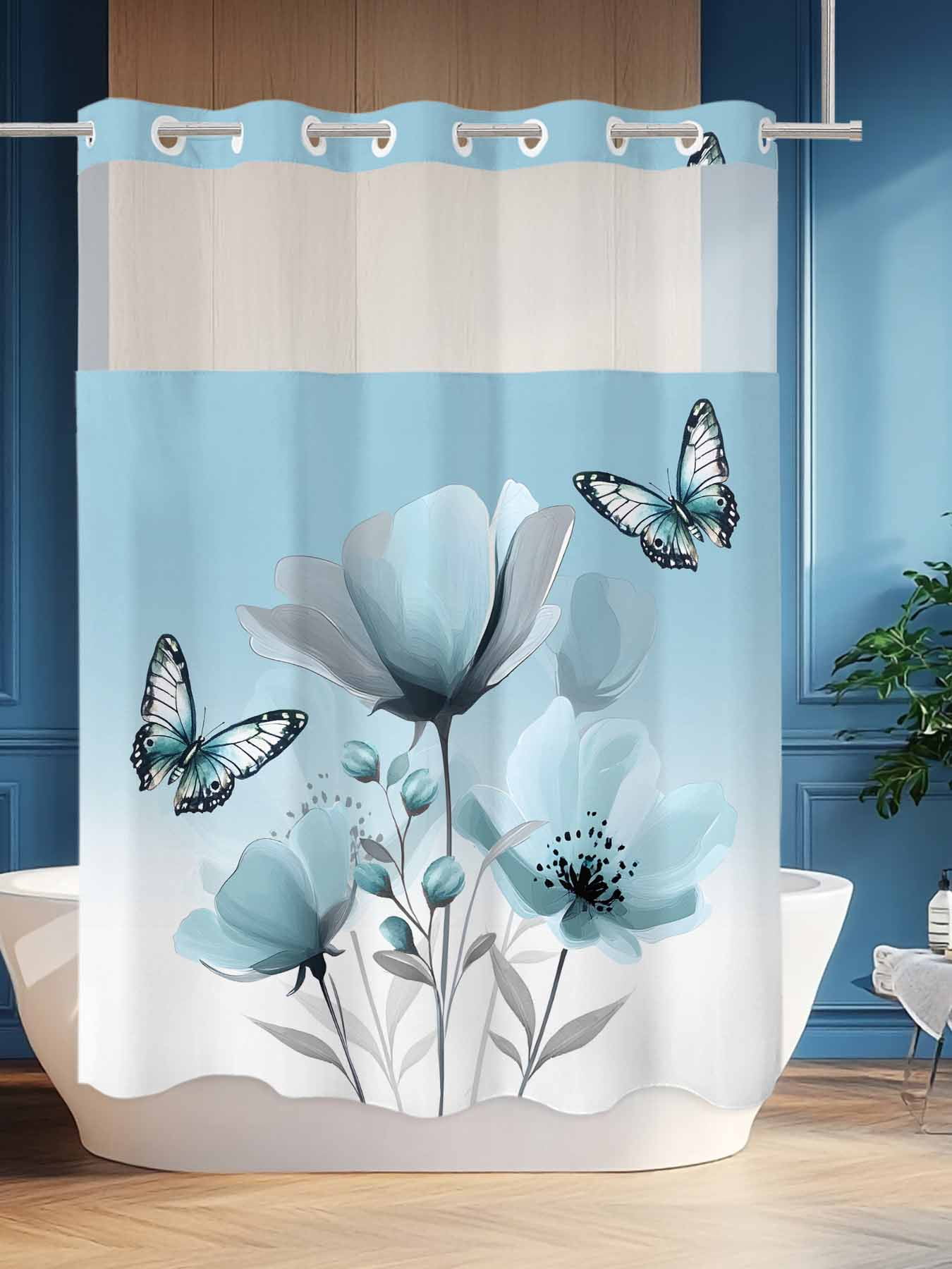 No Hook Shower Curtain Set with Snap in Liner, Spring Flower Butterfly ...