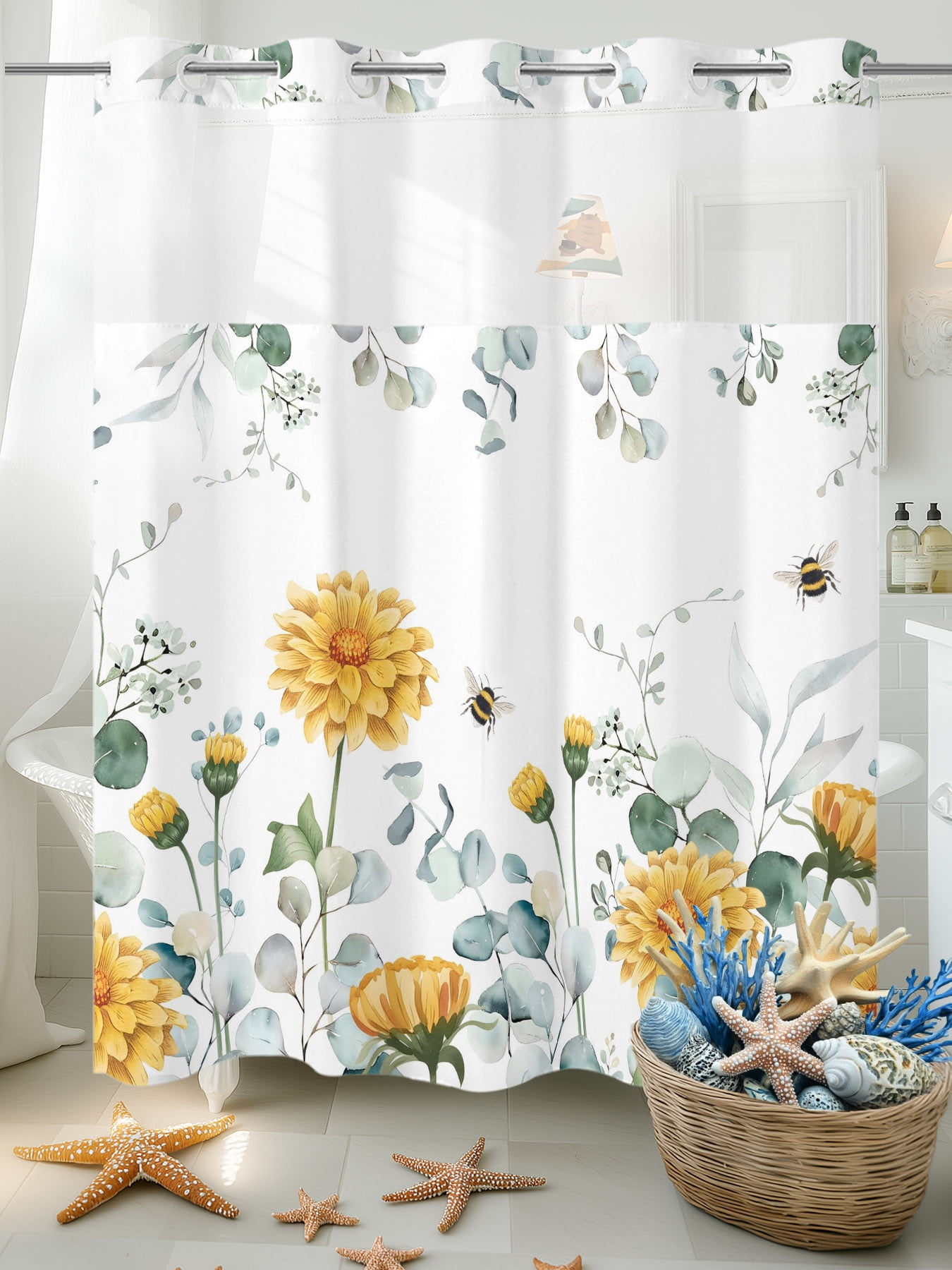 No Hook Shower Curtain Set with Snap in Liner, Spring Flowers Daisy ...