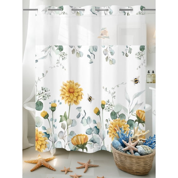No Hook Shower Curtain Set with Snap in Liner, Spring Flowers Daisy ...
