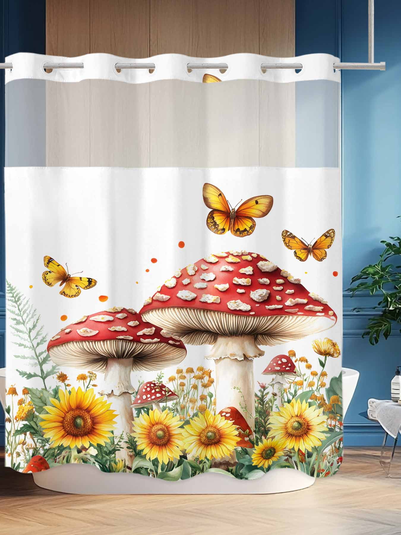 No Hook Shower Curtain Set with Snap in Liner, Spring Sunflower ...