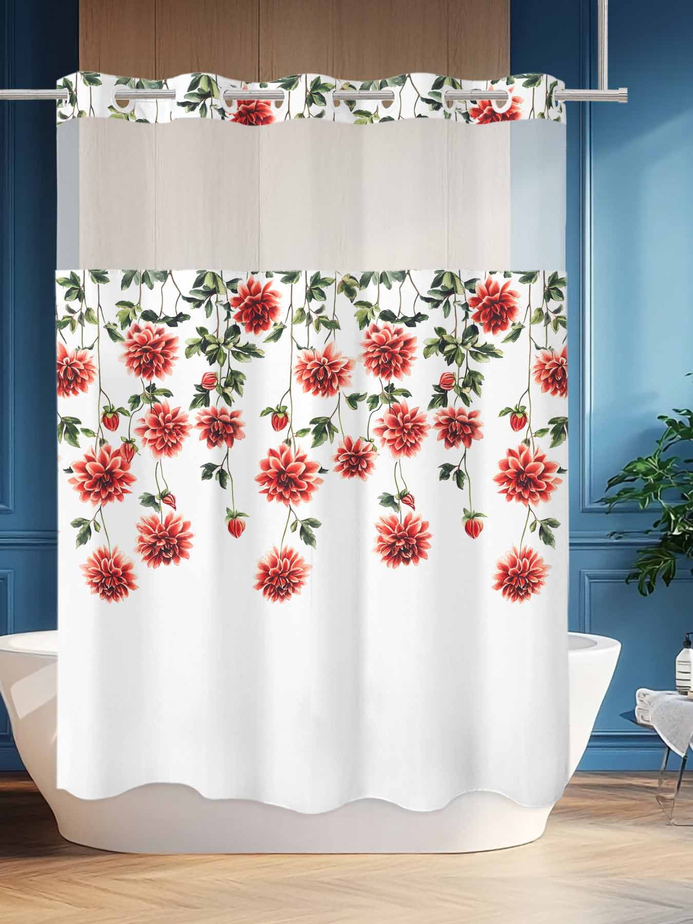 No Hook Shower Curtain Set with Snap in Liner, Spring Watercolor Floral ...