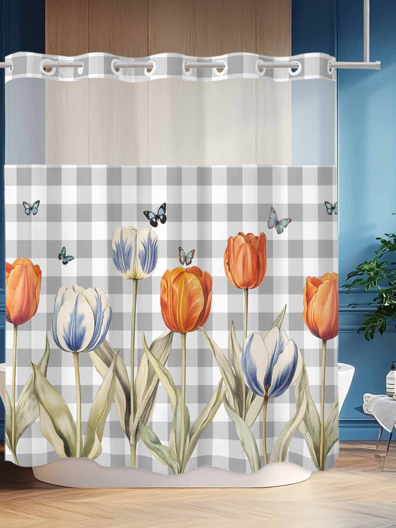 No Hook Shower Curtain Set with Snap in Liner, Spring Watercolor Tulips ...