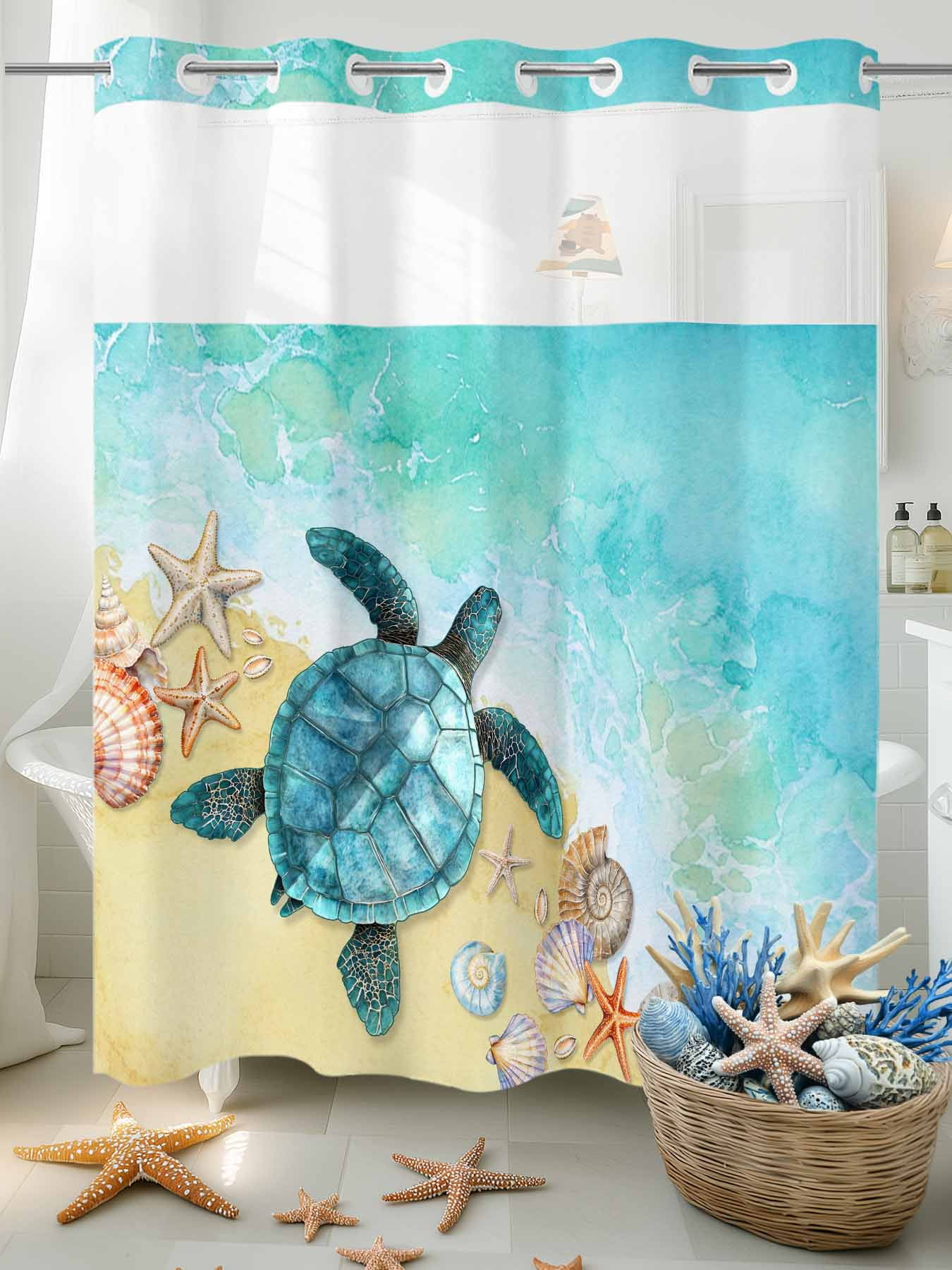 No Hook Shower Curtain Set with Snap in Liner, Summer Beach Sea Turtle ...