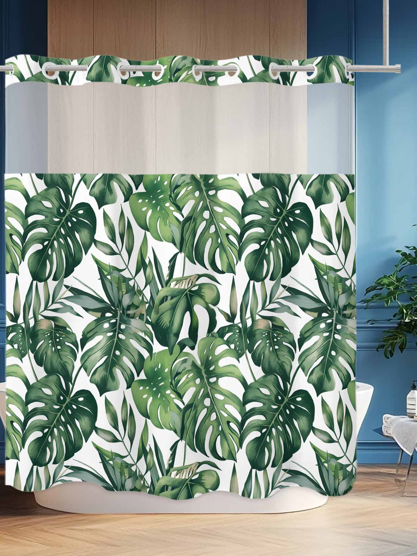No Hook Shower Curtain Set with Snap in Liner, Summer Monstera Tropical ...