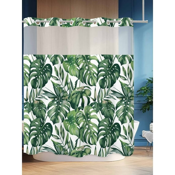 No Hook Shower Curtain Set with Snap in Liner, Summer Monstera Tropical ...