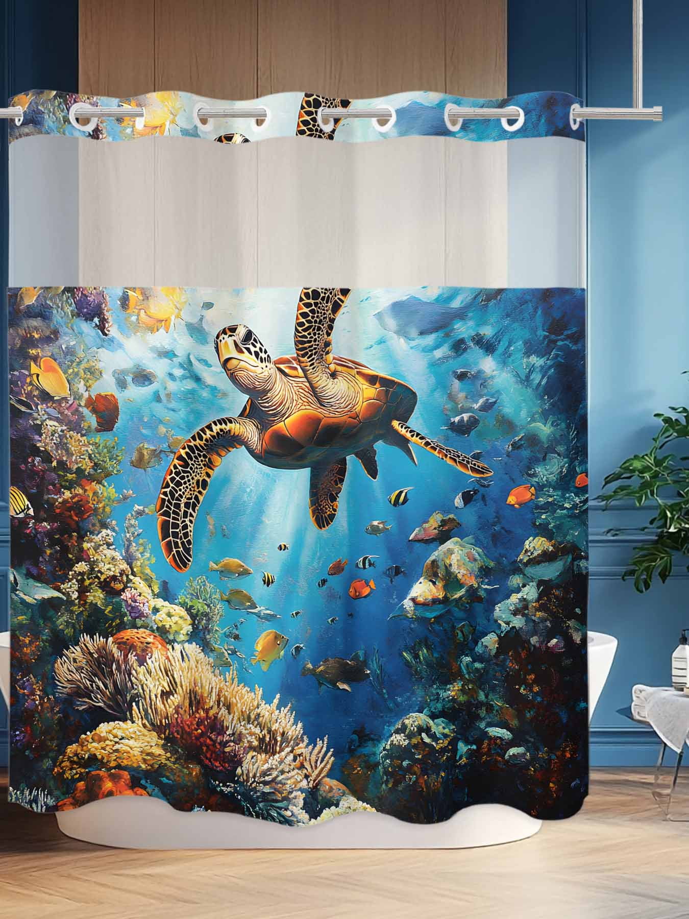 No Hook Shower Curtain Set with Snap in Liner, Summer Ocean Sea Turtle ...