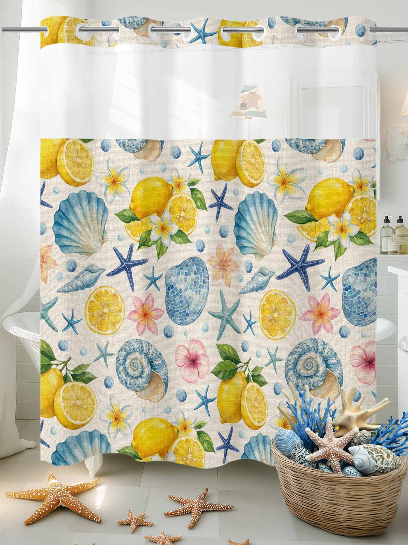 No Hook Shower Curtain Set with Snap in Liner, Summer Sea Stars Flowers ...