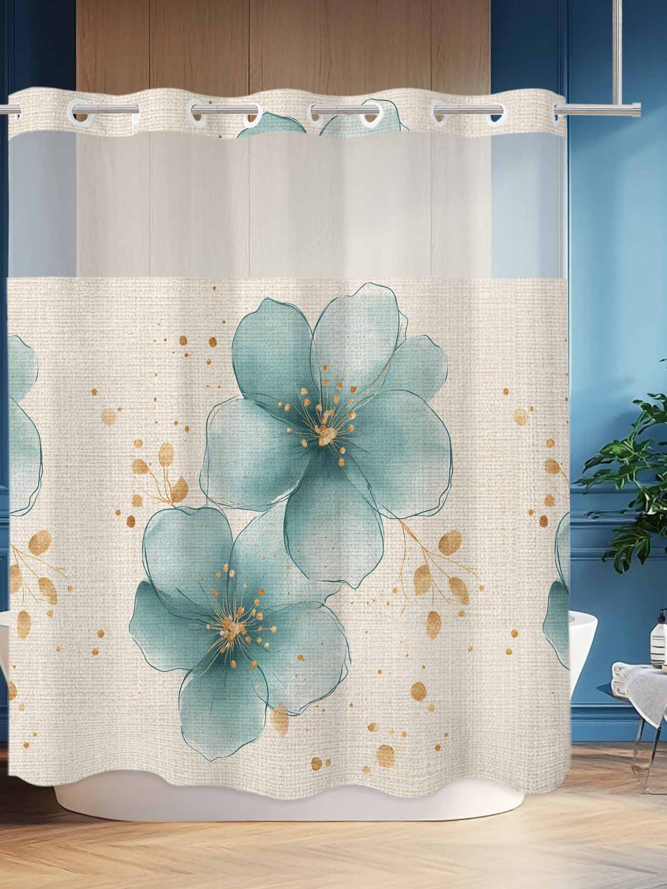 No Hook Shower Curtain Set with Snap in Liner, Teal Blue Blossom Flower ...