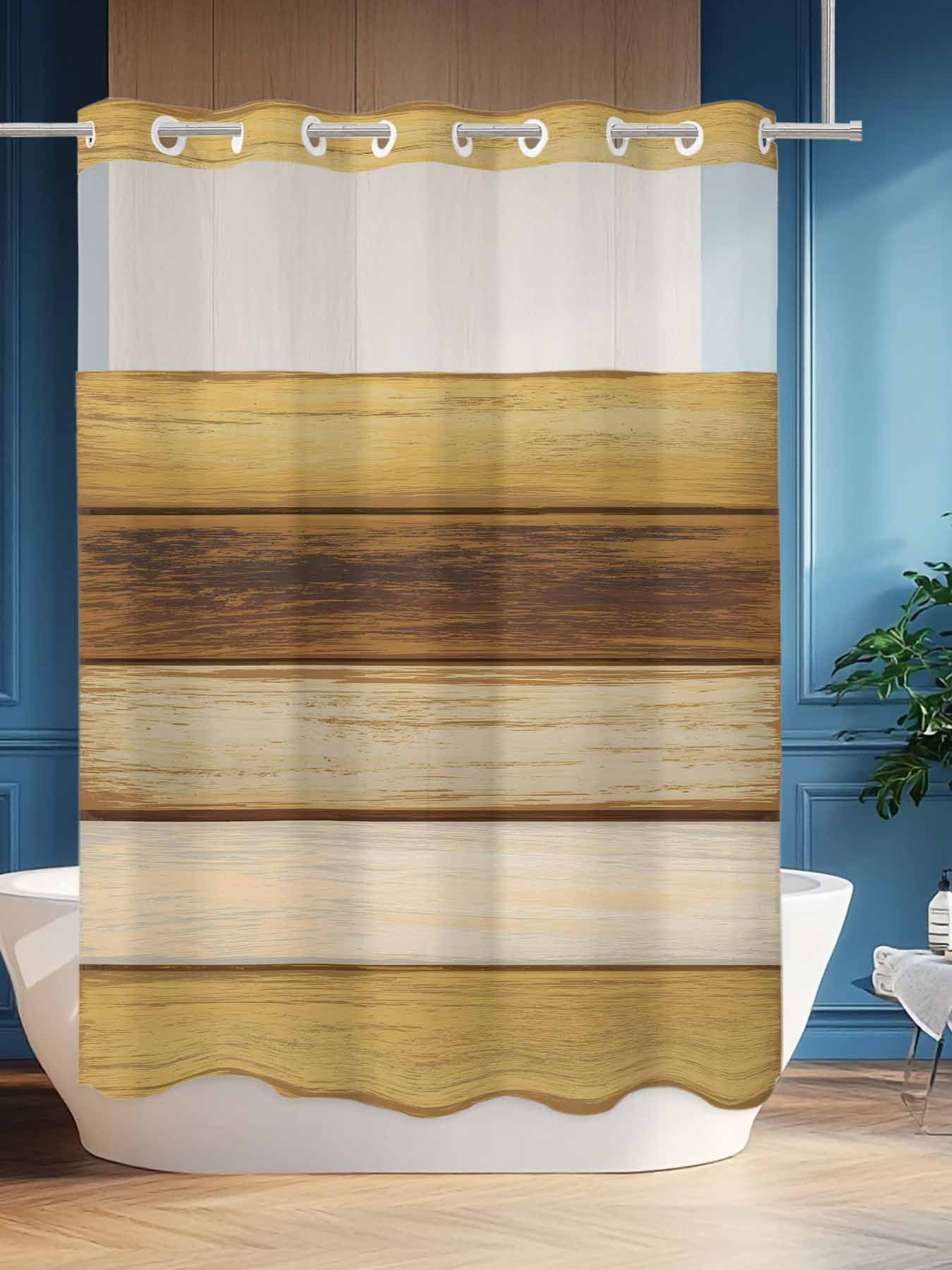 No Hook Shower Curtain Set with Snap in Liner, Vintage Wood Grain ...