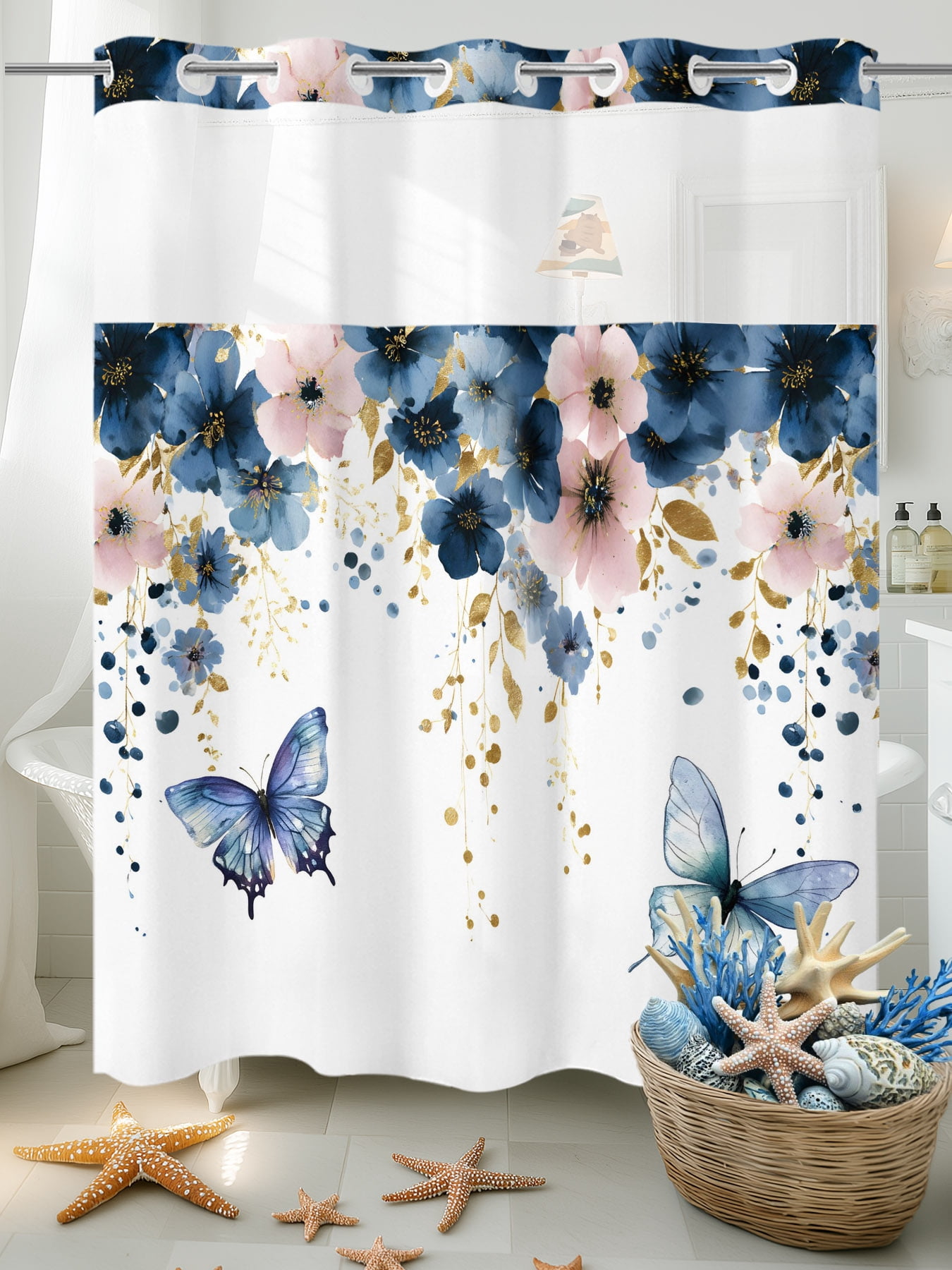 No Hook Shower Curtain Set with Snap in Liner, Watercolor Blue Pink ...