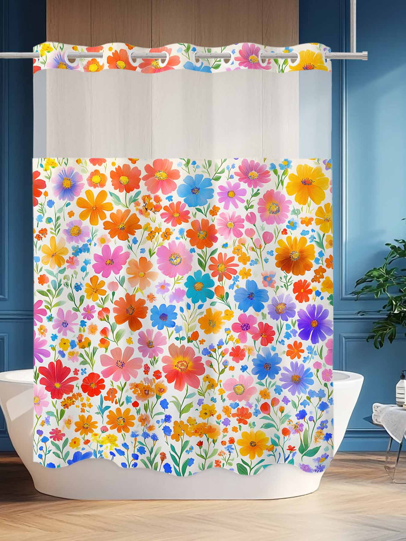No Hook Shower Curtain Set with Snap in Liner, Watercolor Colorful ...