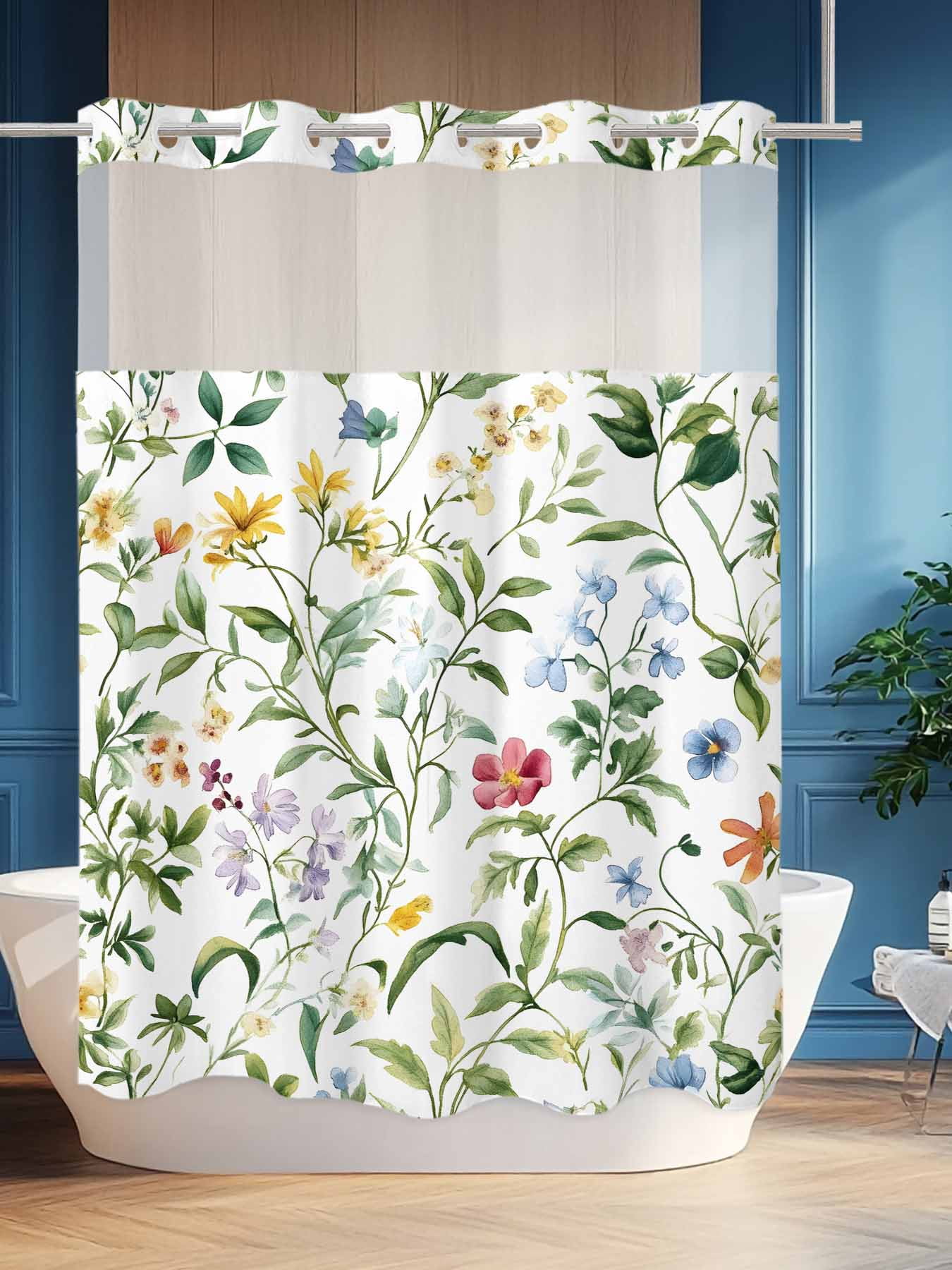 No Hook Shower Curtain Set with Snap in Liner, Watercolor Herbs Plant ...