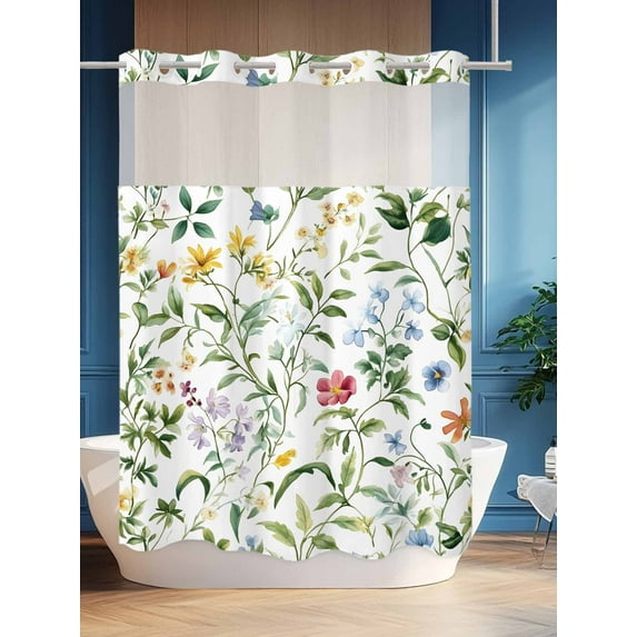 No Hook Shower Curtain Set with Snap in Liner, Watercolor Herbs Plant ...