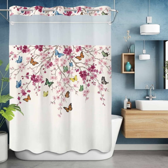 No Hook Shower Curtain Set with Snap in Liner, Watercolor Pink Flower ...
