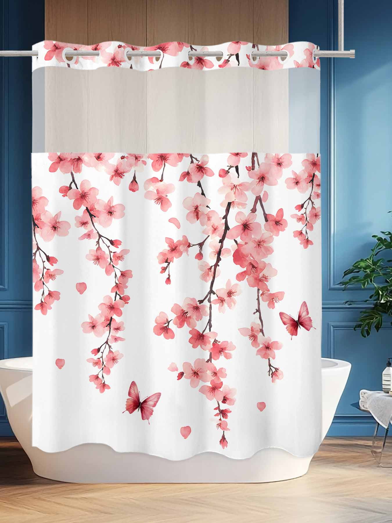 No Hook Shower Curtain Set with Snap in Liner, Watercolor Spring Cherry ...
