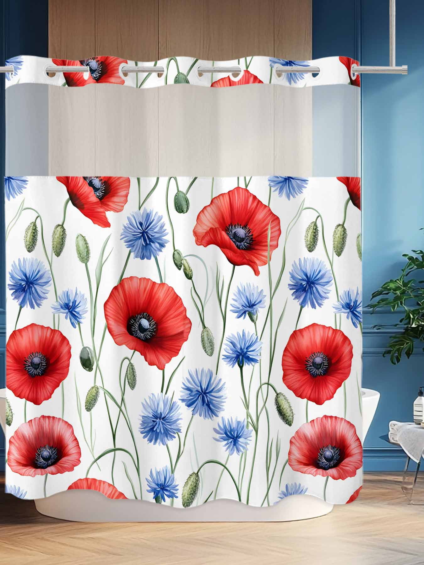 No Hook Shower Curtain Set with Snap in Liner, Watercolor Spring Red ...