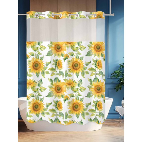 No Hook Shower Curtain Set with Snap in Liner, Watercolor Sunflower ...