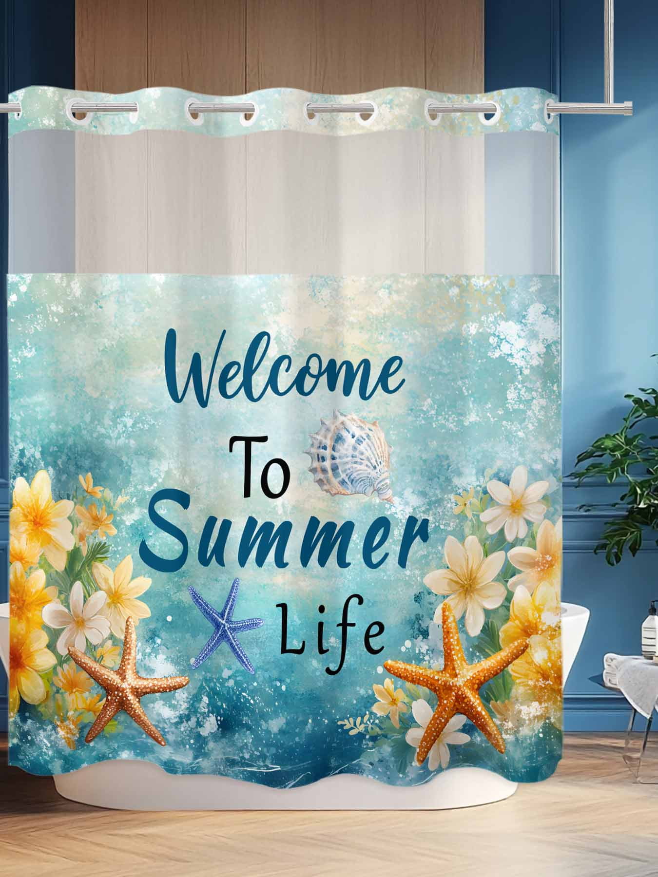 No Hook Shower Curtain Set with Snap in Liner, Welcome to Summer ...