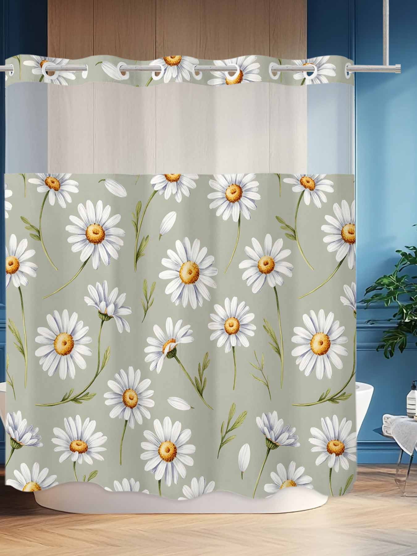 No Hook Shower Curtain Set with Snap in Liner, White Daisy Flower ...