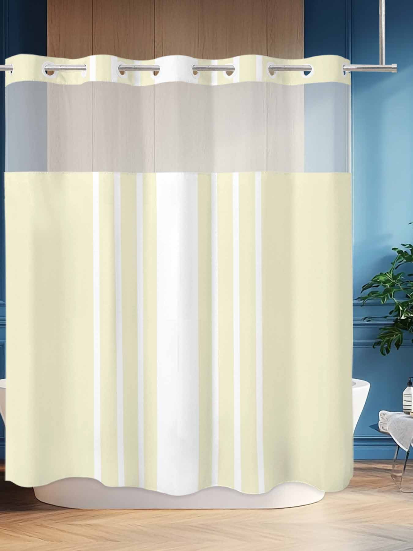 No Hook Shower Curtain Set with Snap in Liner, White Striped on Yellow ...