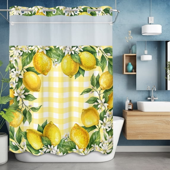 No Hook Shower Curtain Set with Snap in Liner, Yellow Lemon White ...
