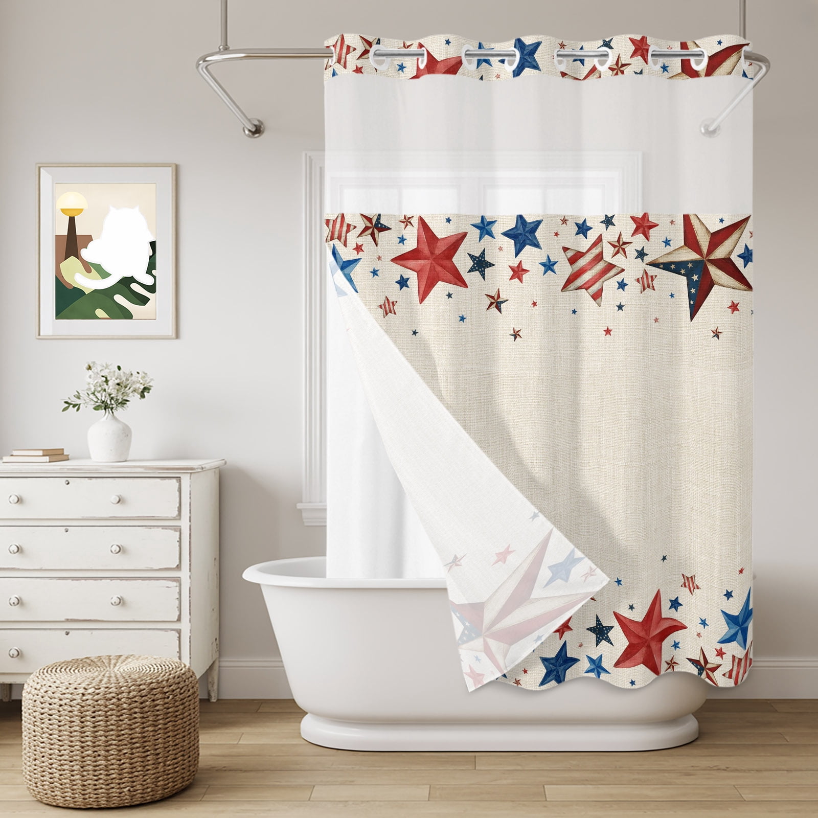 No Hook Shower Curtain with Snap in Fabric Liner Set 4th of July Red ...