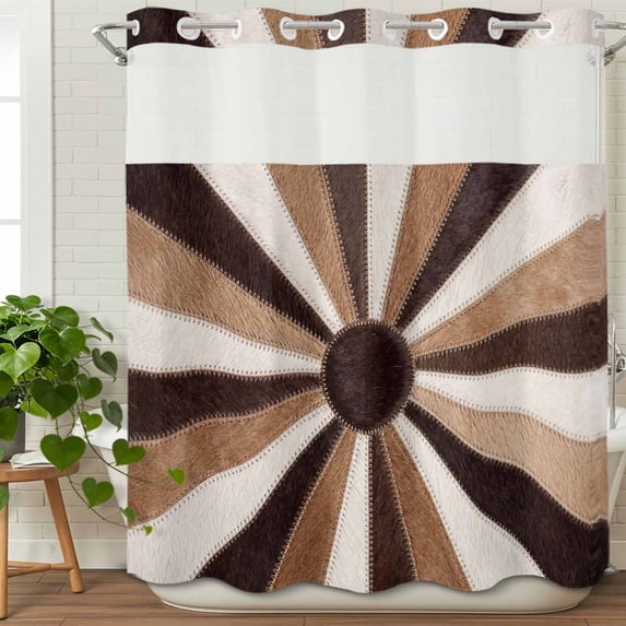 No Hook Shower Curtain with Snap in Fabric Liner Set Abstract Patchwork ...
