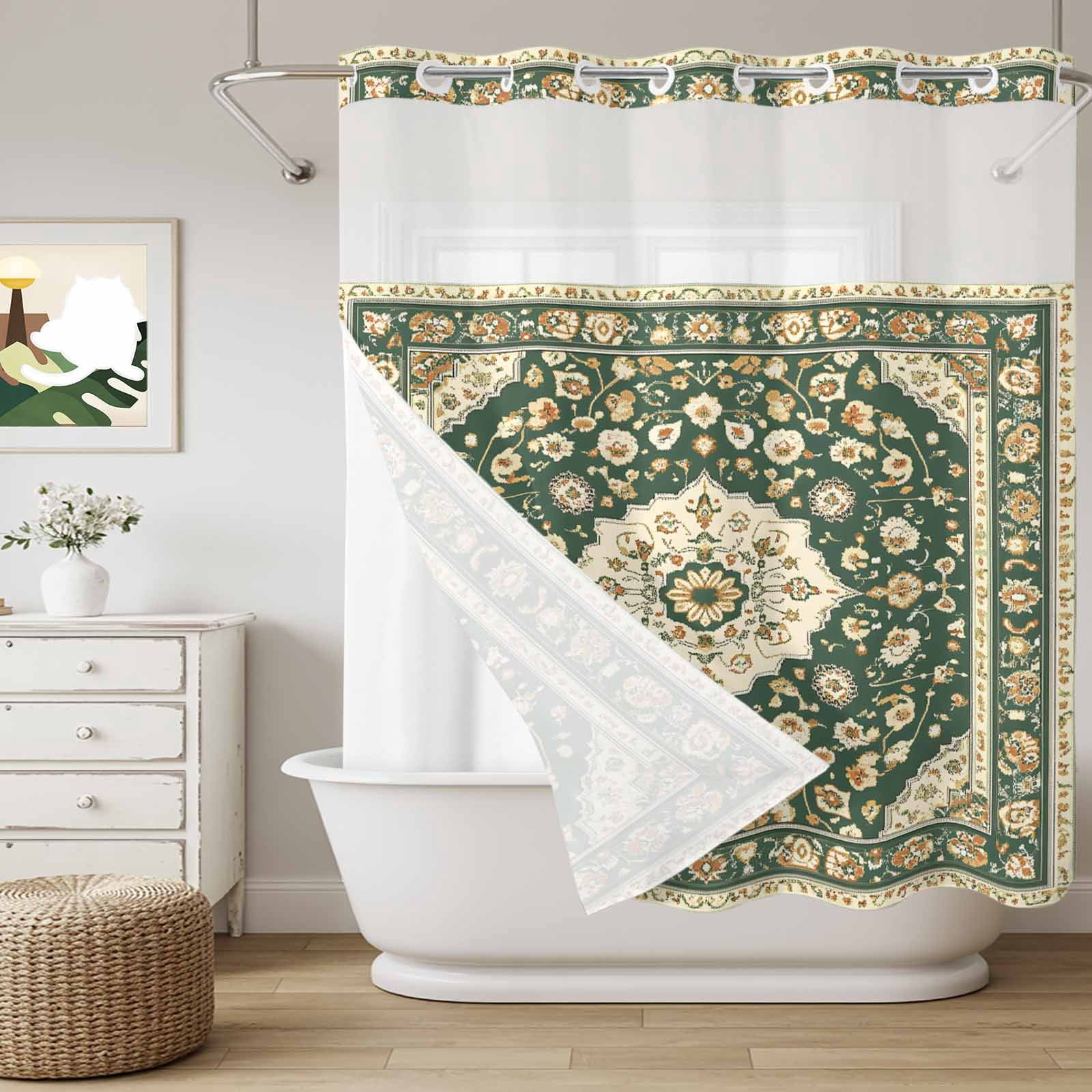 No Hook Shower Curtain with Snap in Fabric Liner Set Bohemian Vintage ...
