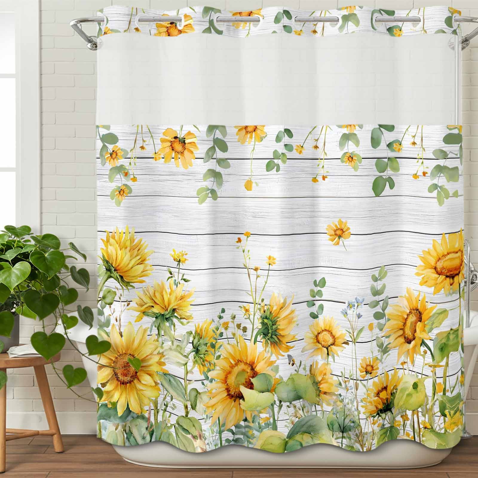 No Hook Shower Curtain with Snap in Fabric Liner Set Country Yellow ...