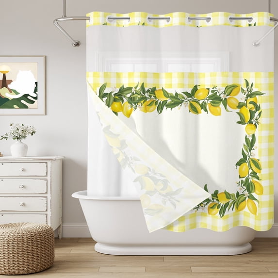 No Hook Shower Curtain with Snap in Fabric Liner Set Farm Summer Lemon ...