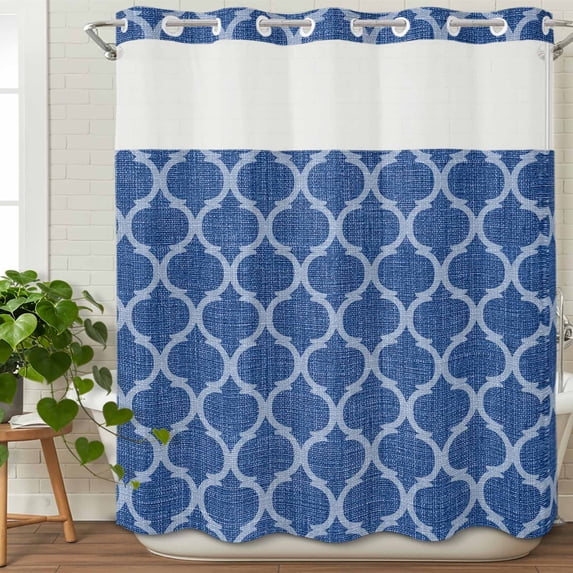 No Hook Shower Curtain with Snap in Fabric Liner Set Moroccan Blue ...