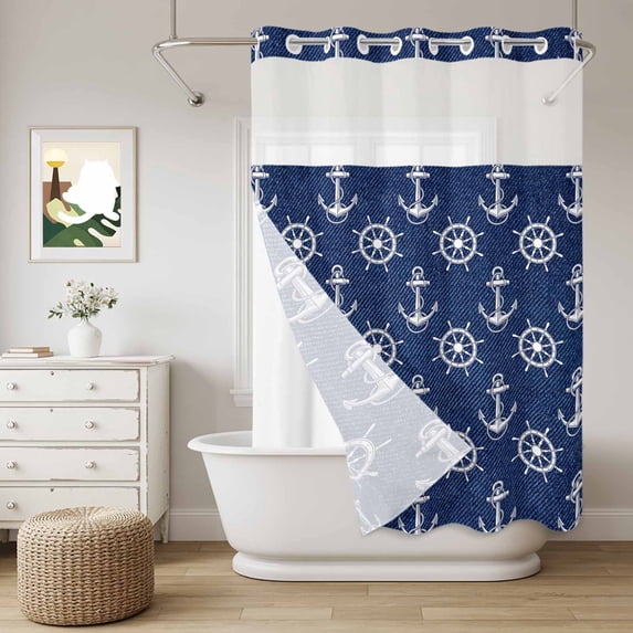 No Hook Shower Curtain with Snap in Fabric Liner Set Nautical Anchor ...