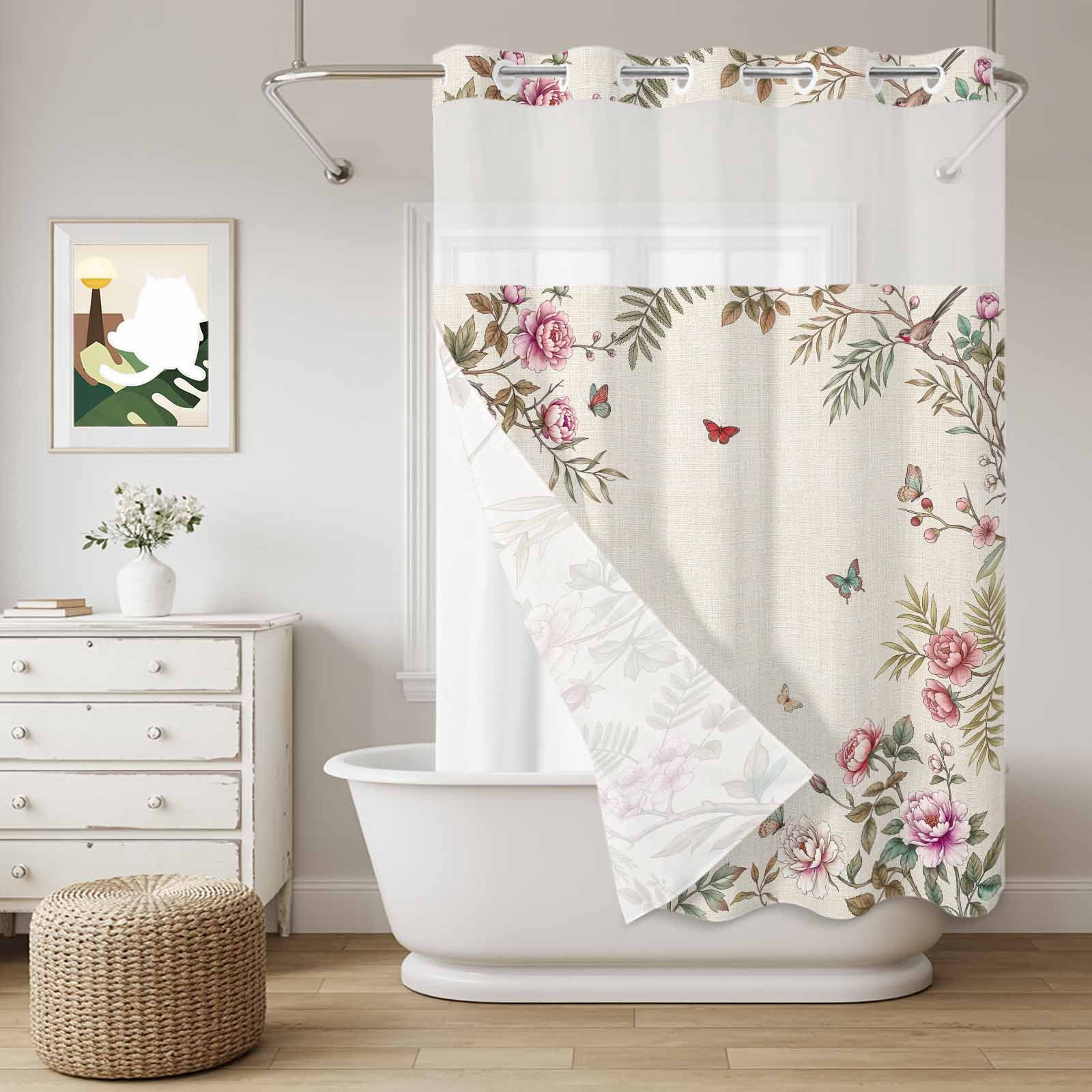 No Hook Shower Curtain with Snap in Fabric Liner Set Pastoral Flower ...