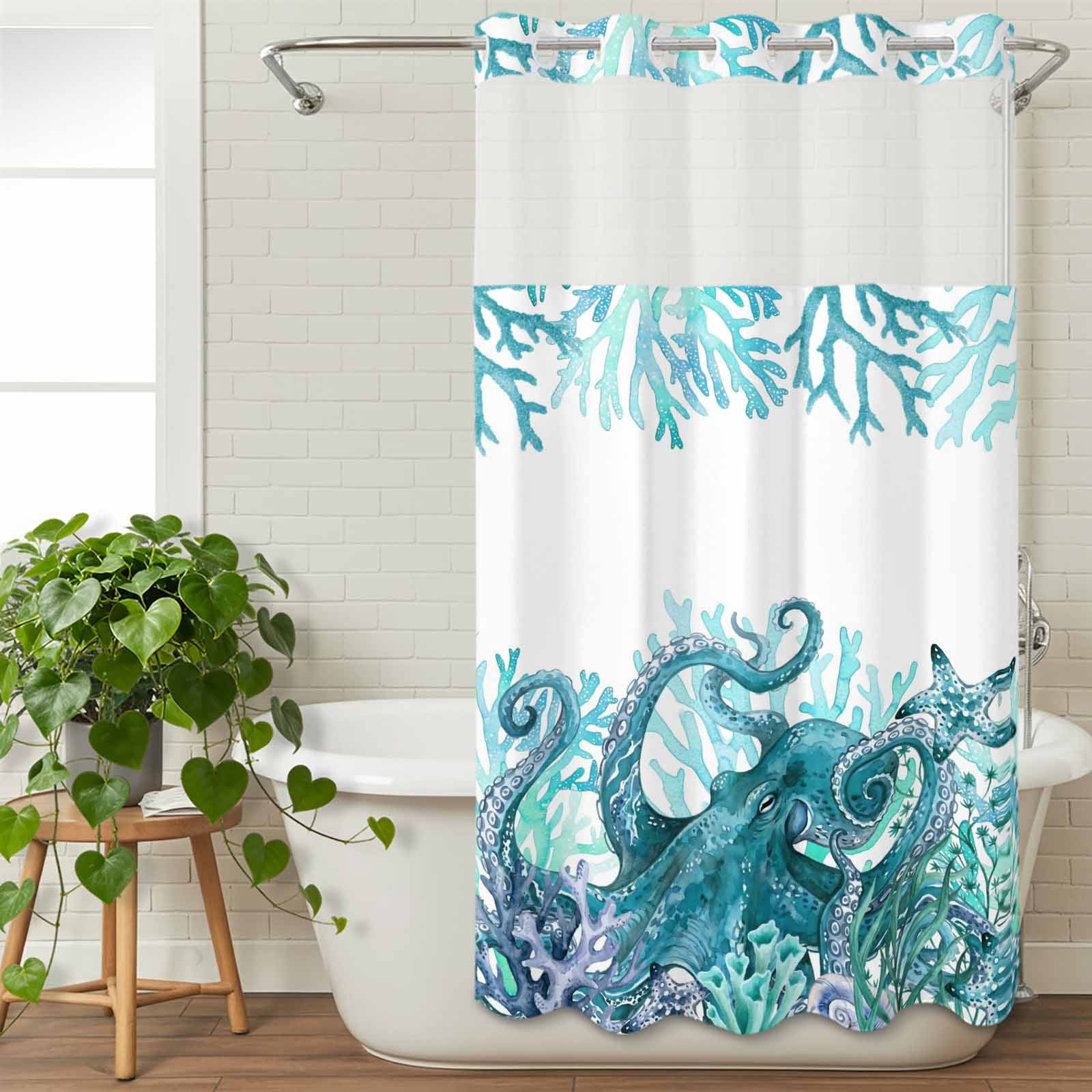 No Hook Shower Curtain with Snap in Fabric Liner Set Summer Oceans Blue ...