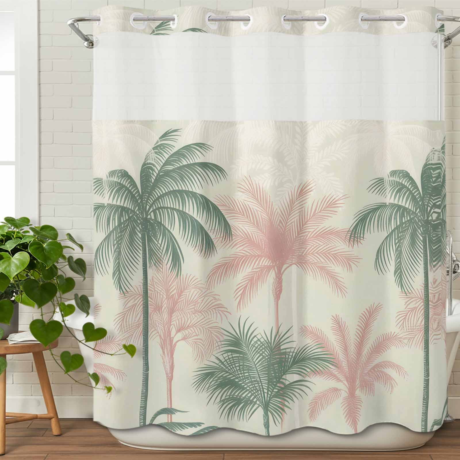 No Hook Shower Curtain with Snap in Fabric Liner Set Tropical Palm ...