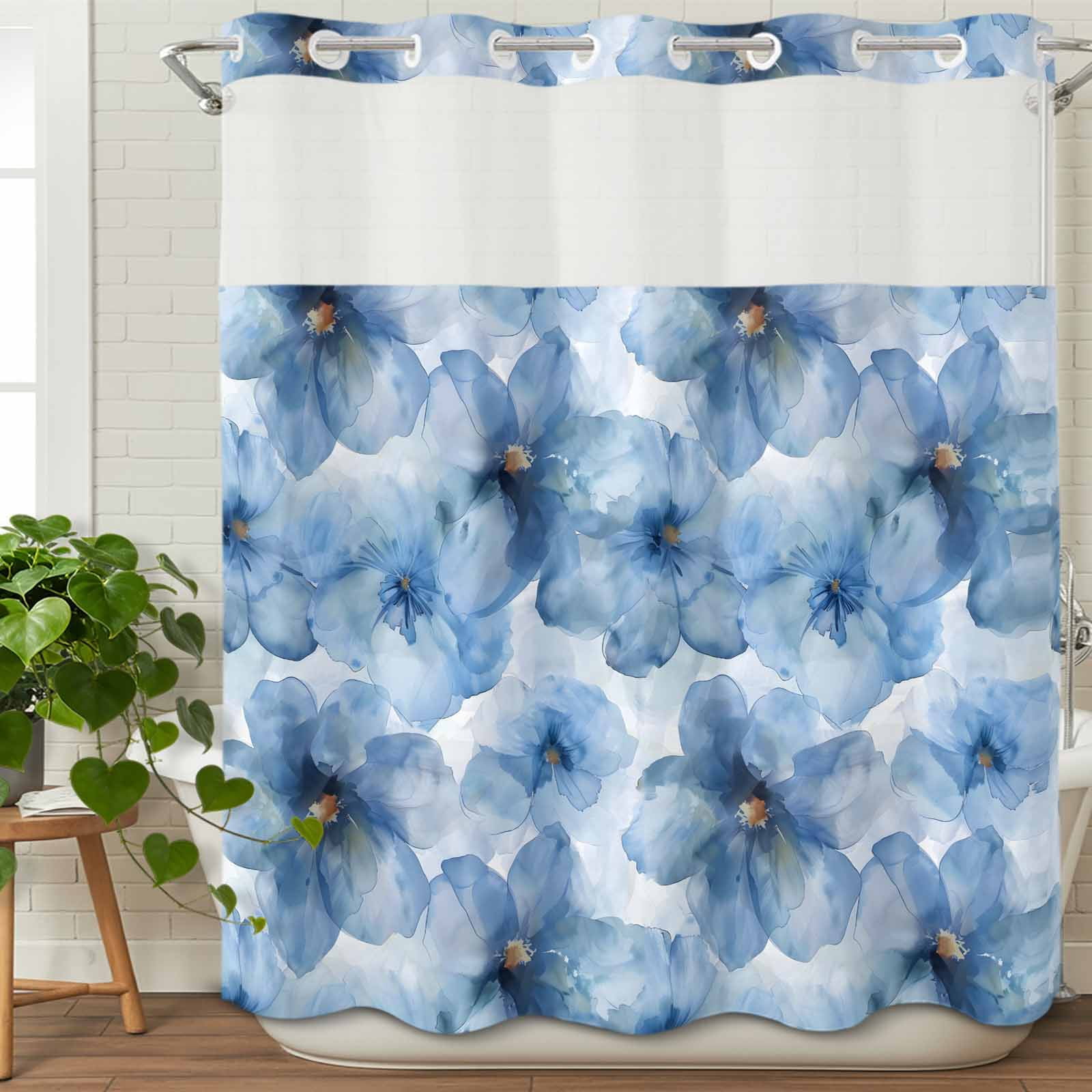 No Hook Shower Curtain with Snap in Fabric Liner Set Watercolor Blue ...