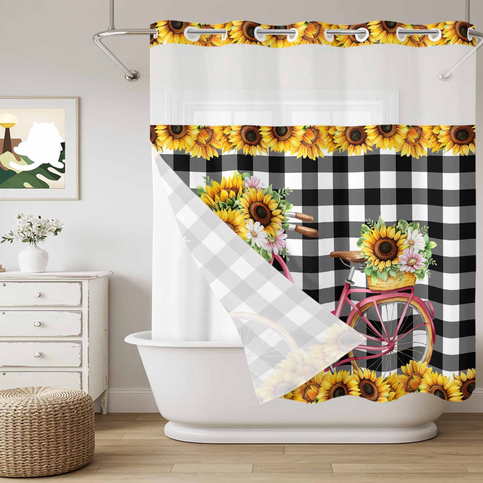 No Hook Shower Curtain with Snap in Fabric Liner Set Watercolor Farm ...