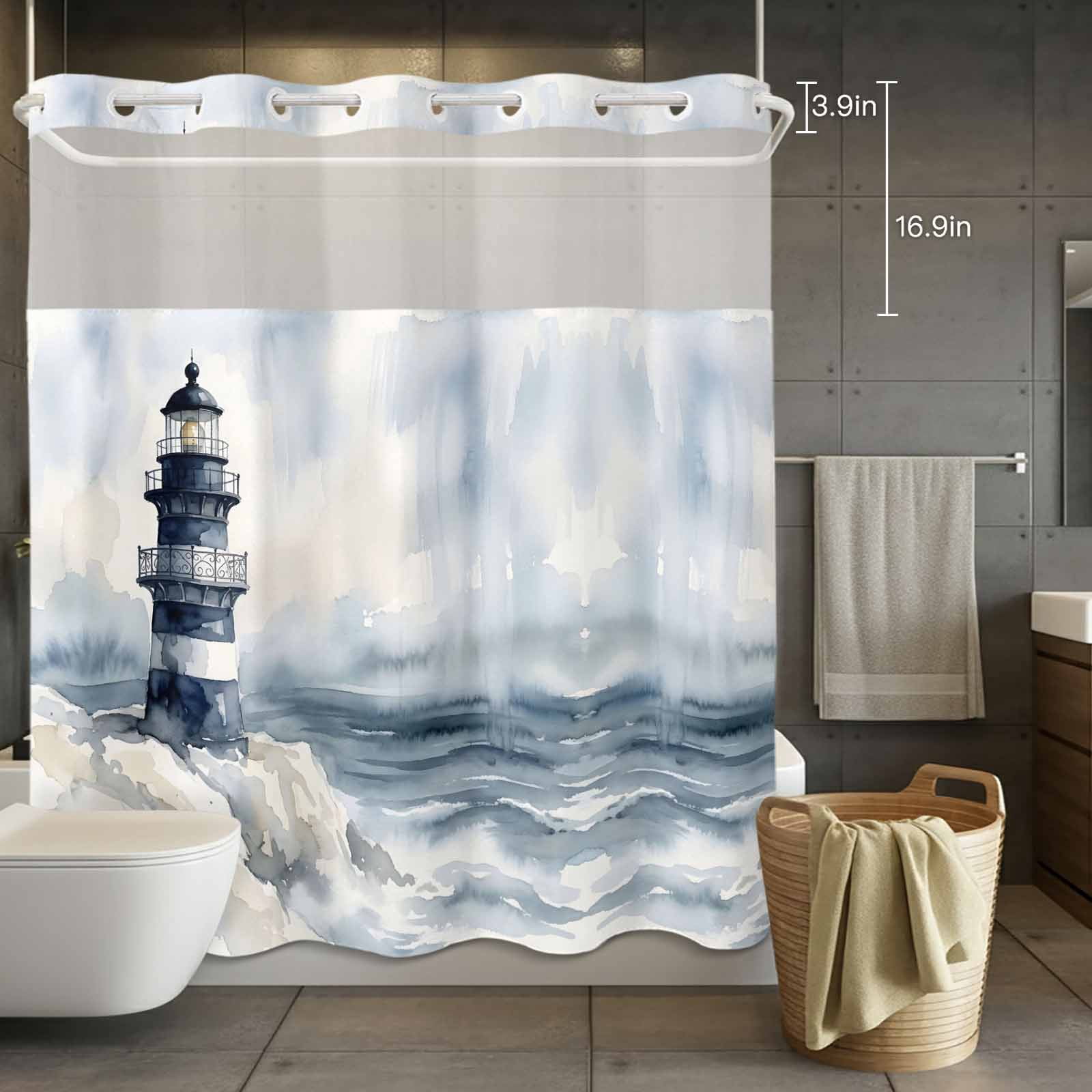 No Hook Shower Curtain with Snap in Fabric Liner Set Watercolor Seaside ...