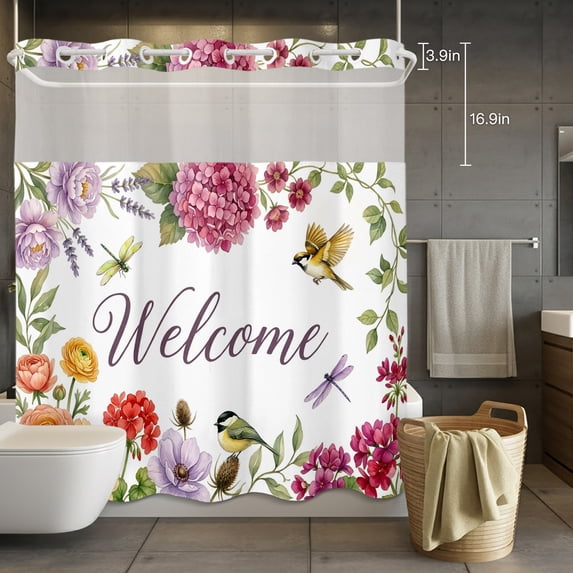 No Hook Shower Curtain with Snap in Fabric Liner Set Welcome Words ...