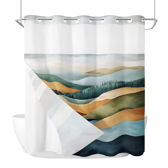 No Hook Shower Curtain with Snap in Liner Abstract Blue Golden Wave ...