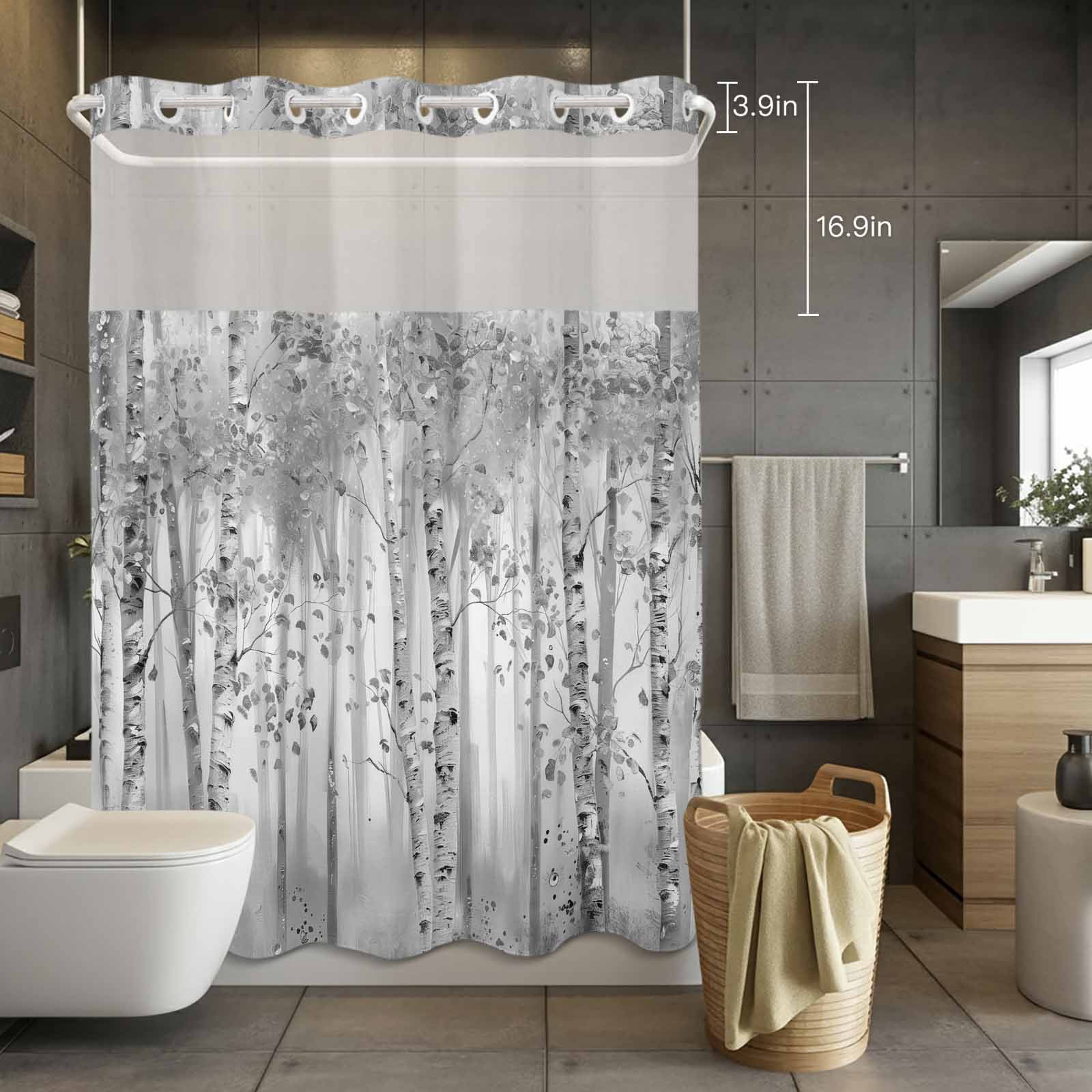 No Hook Shower Curtain with Snap in Liner, Abstract Grey Forest ...