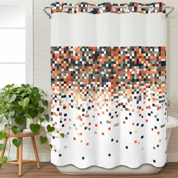 No Hook Shower Curtain with Snap in Liner, Abstract Orange Red Color ...