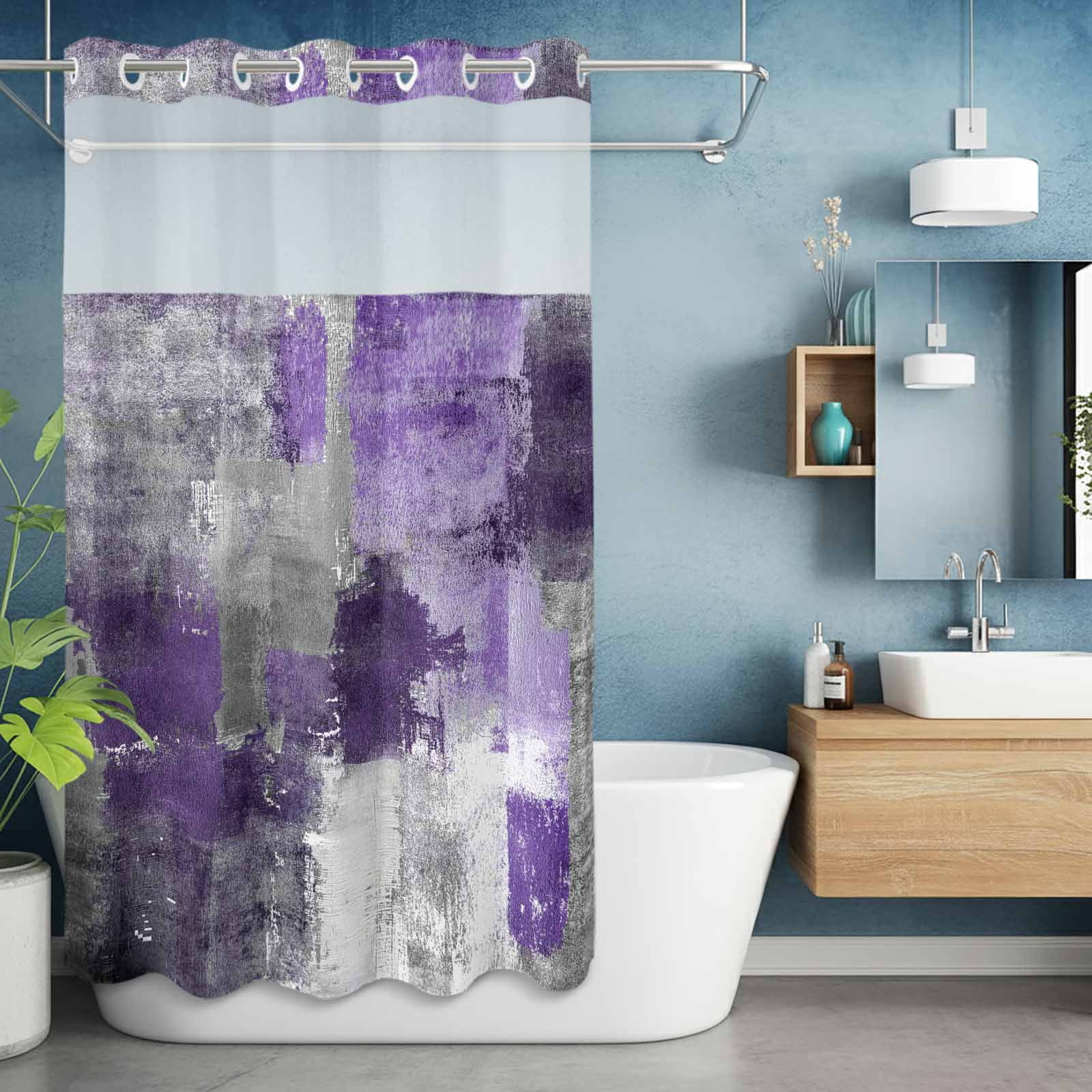 No Hook Shower Curtain with Snap in Liner, Abstract Purple Grey Smear ...