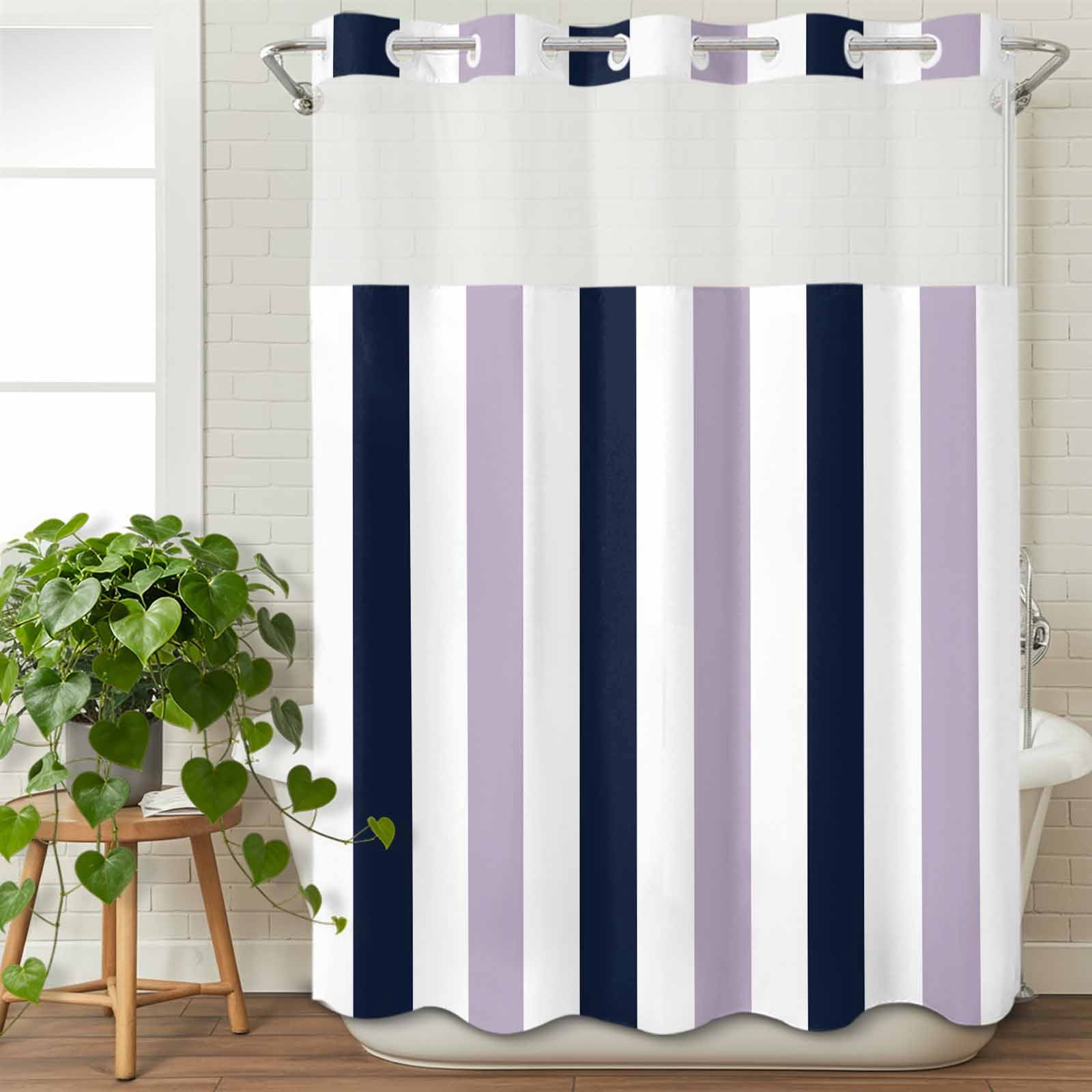 No Hook Shower Curtain with Snap in Liner, Abstract Purple Navy Striped ...