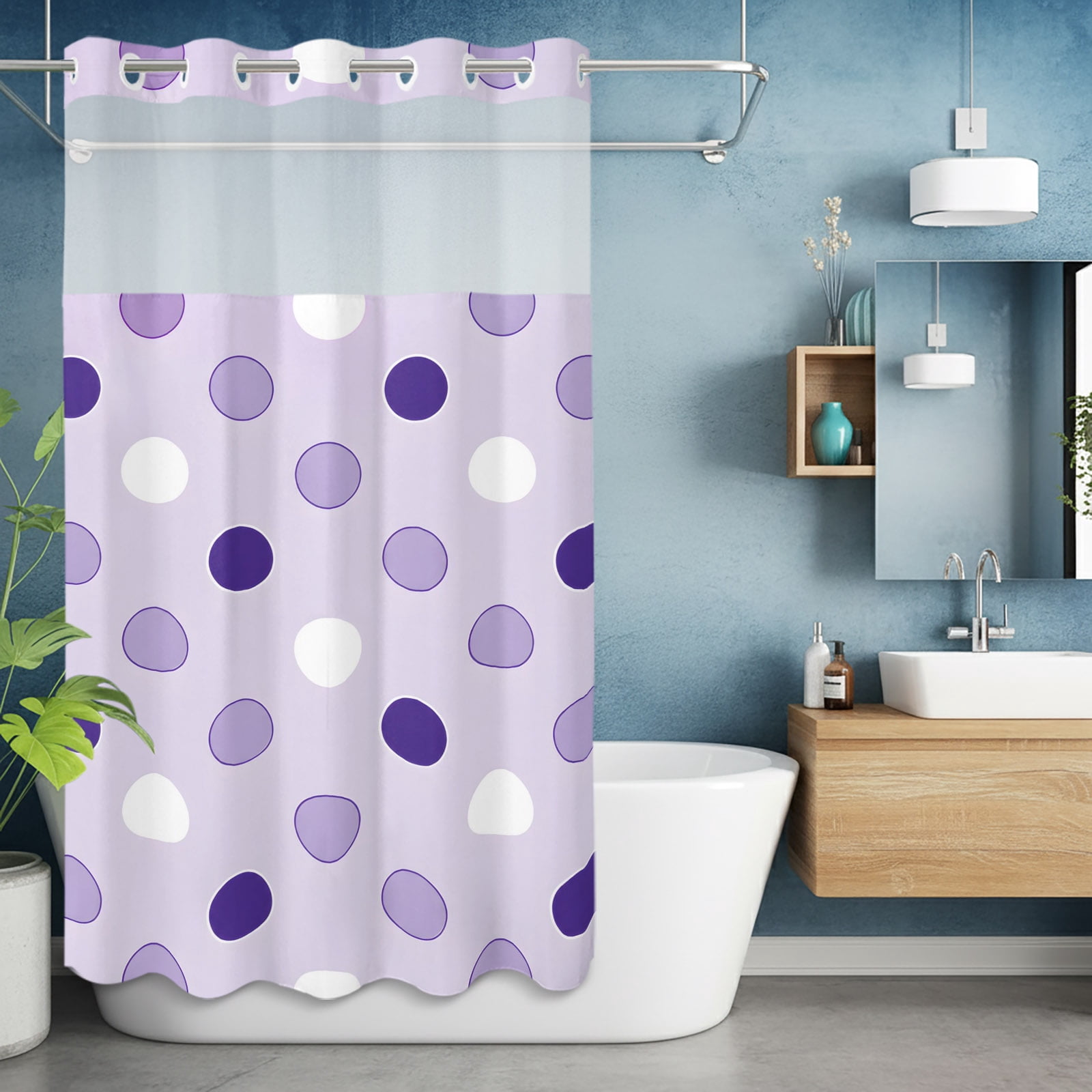 No Hook Shower Curtain with Snap in Liner, Abstract Purple White Theme ...