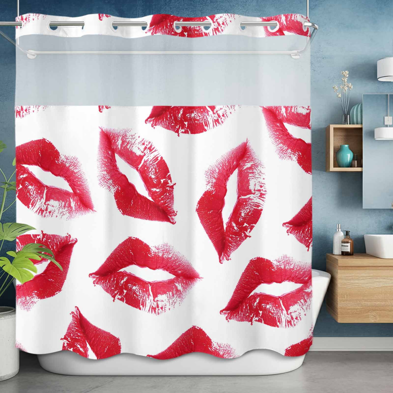 No Hook Shower Curtain with Snap in Liner, Abstract Red Lips Pattern ...