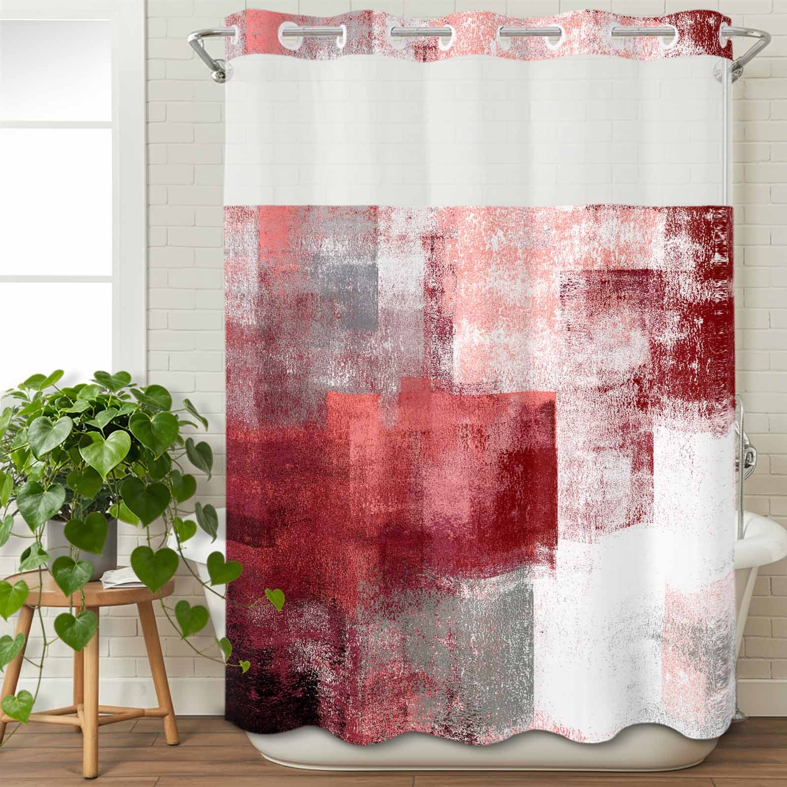 No Hook Shower Curtain with Snap in Liner, Abstract Red White Gradient ...